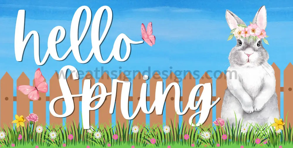 Hello Spring Bunny and Flowers-12x6 Metal wreath Sign – Wreath Sign Designs
