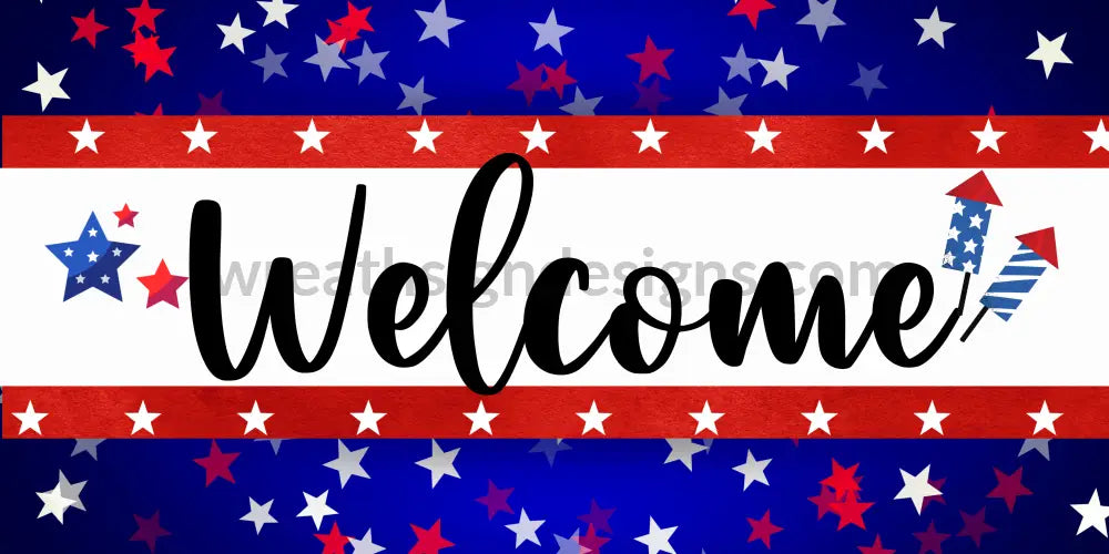 Welcome Patriotic Stars 12x6 Metal Sign – Wreath Sign Designs